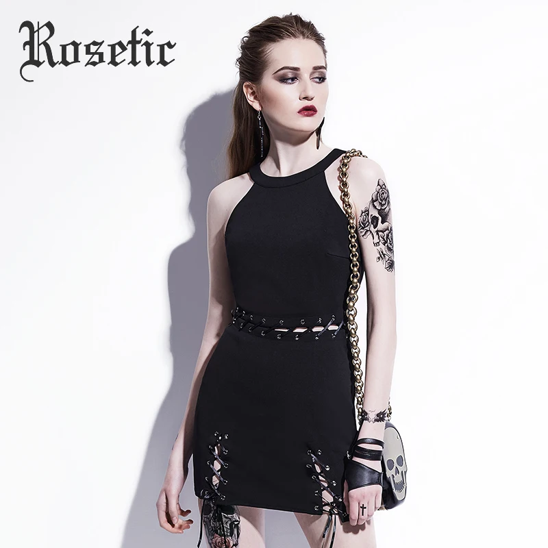 Aliexpress.com : Buy Rosetic Gothic Mini Dress Black Hollow Lace Up ...