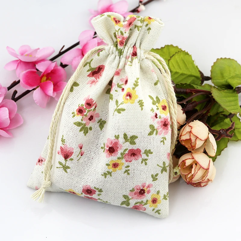 10pcs/lot pink flower print cotton bags Drawstring Gift Bag Pouches ...