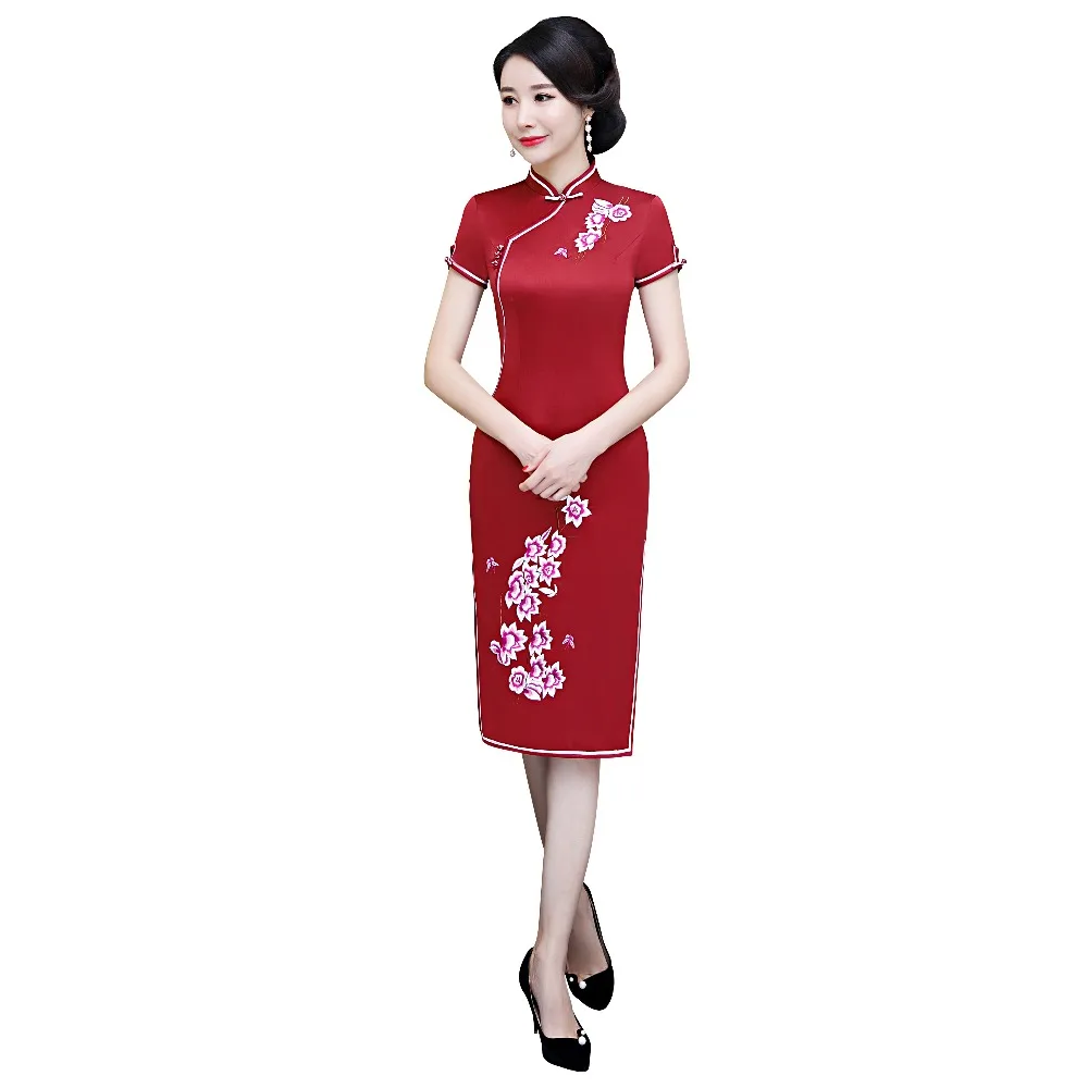 Shanghai Story Red Qipao Flower Embroidery chinese traditional Dress ...