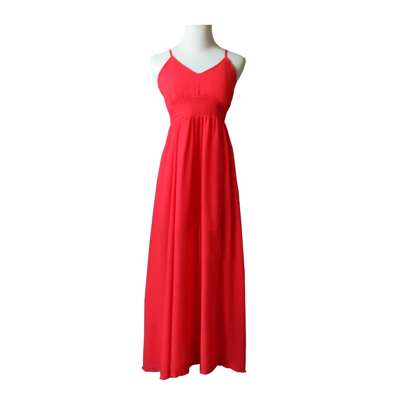Perhaps U Chiffon Red Solid V Neck Strap Sleeveless Backless Lace Up