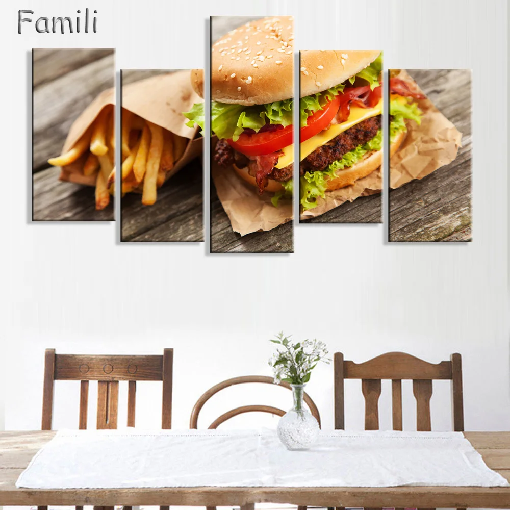 Pintura artística de pared de 5 paneles, impresiones de comida de Pizza ...