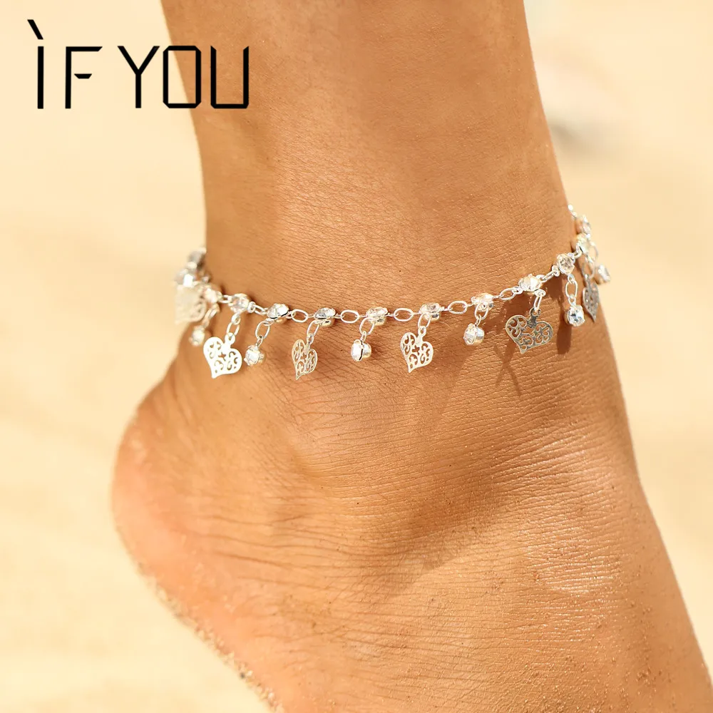 IF YOU Romance Hollow Heart Crystal Silver Color Anklet For Women Ankle ...