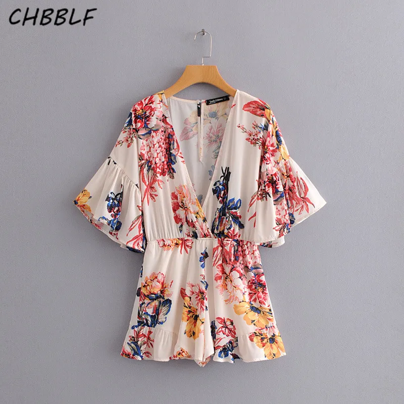 Chbblf Elegant Floral Print Deep V Neck Playsuits Elastic Waist Flare