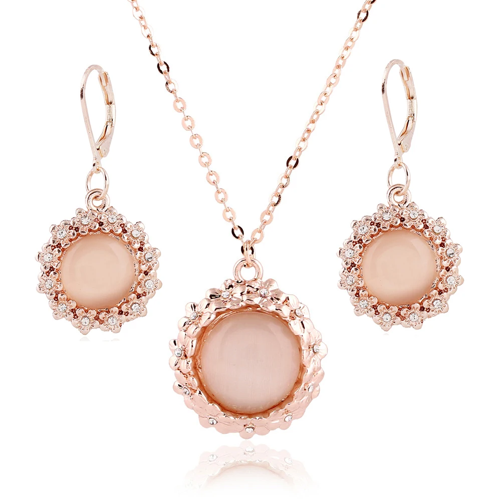 Bridal Jewelry Set Flowers Shape Rhinestone Cat Eye Stone Pendant ...