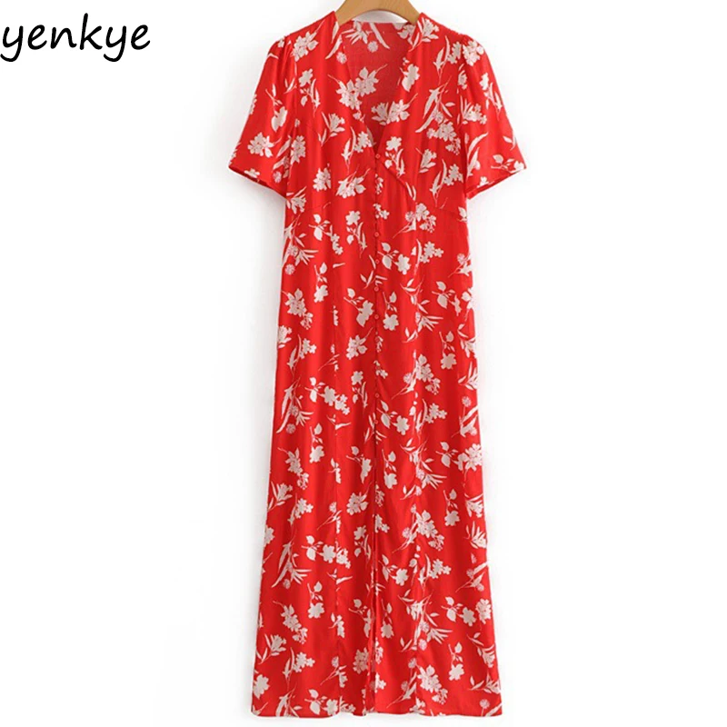 Summer Dresses 2018 Women Floral Printed Red Long Maxi Dress Female V