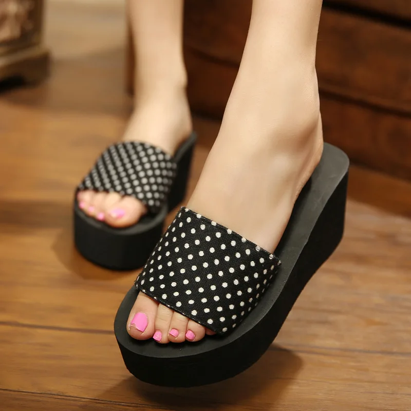 Black Polka Dot Wedge Platform Slides Sandals Women Summer Shoes