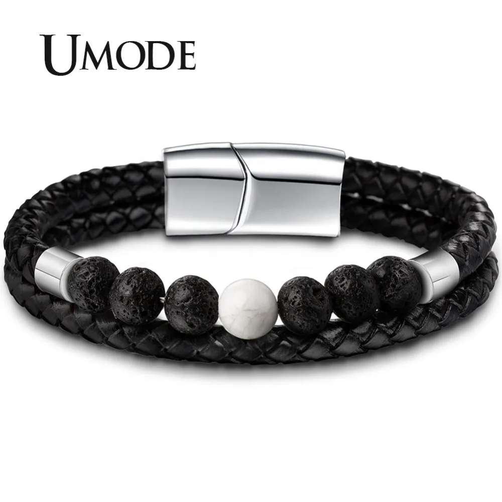 Umode couro masculino natural howlite pedra pulseiras ímã de aço ...