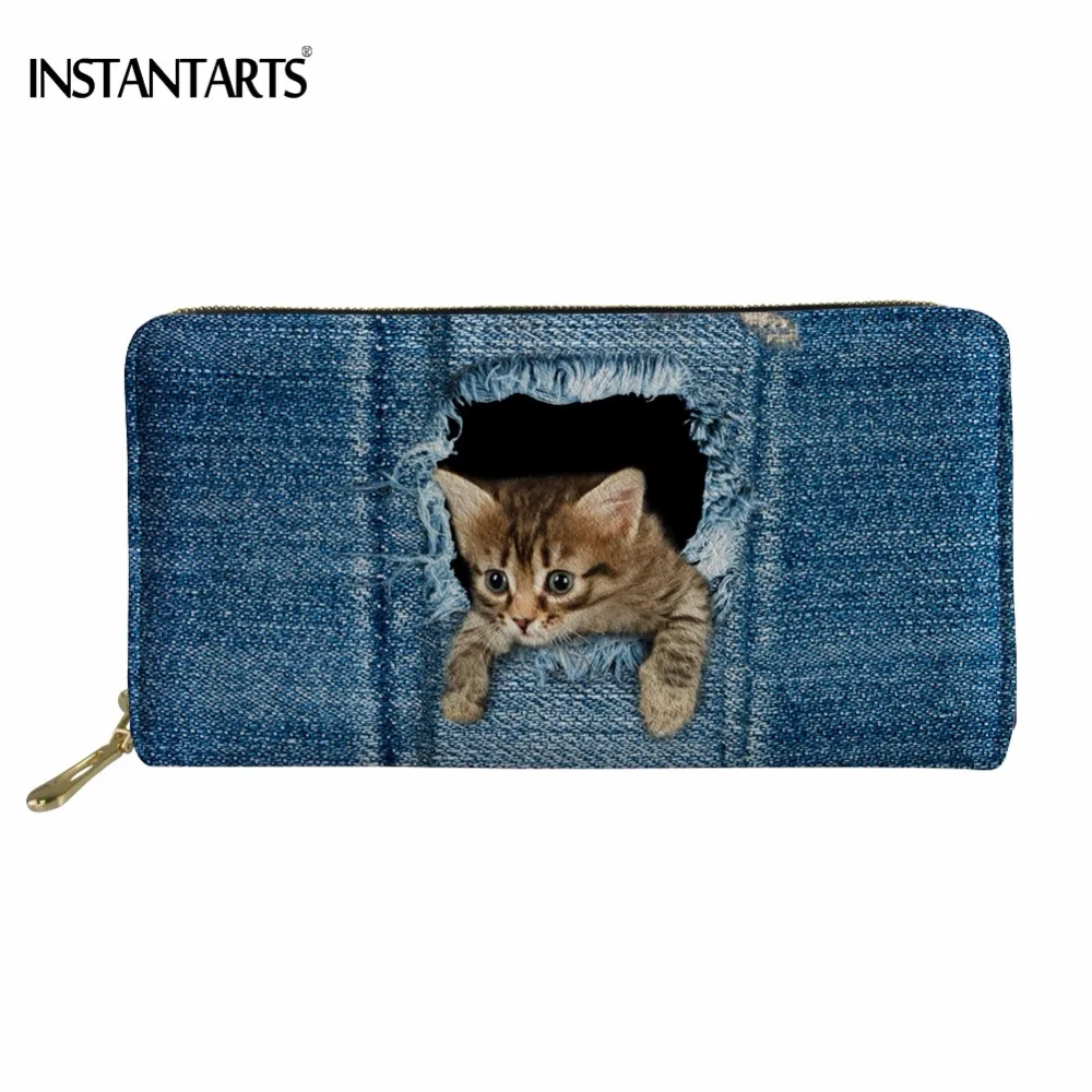 INSTANTARTS Funny 3D Fake Blue Denim Cat/Kitten Print Woman Men Long PU ...