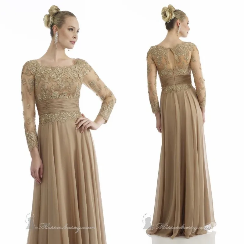 2017 New Gold Mother of the Bride Dress with Sheer Long Sleeves Beaded ...