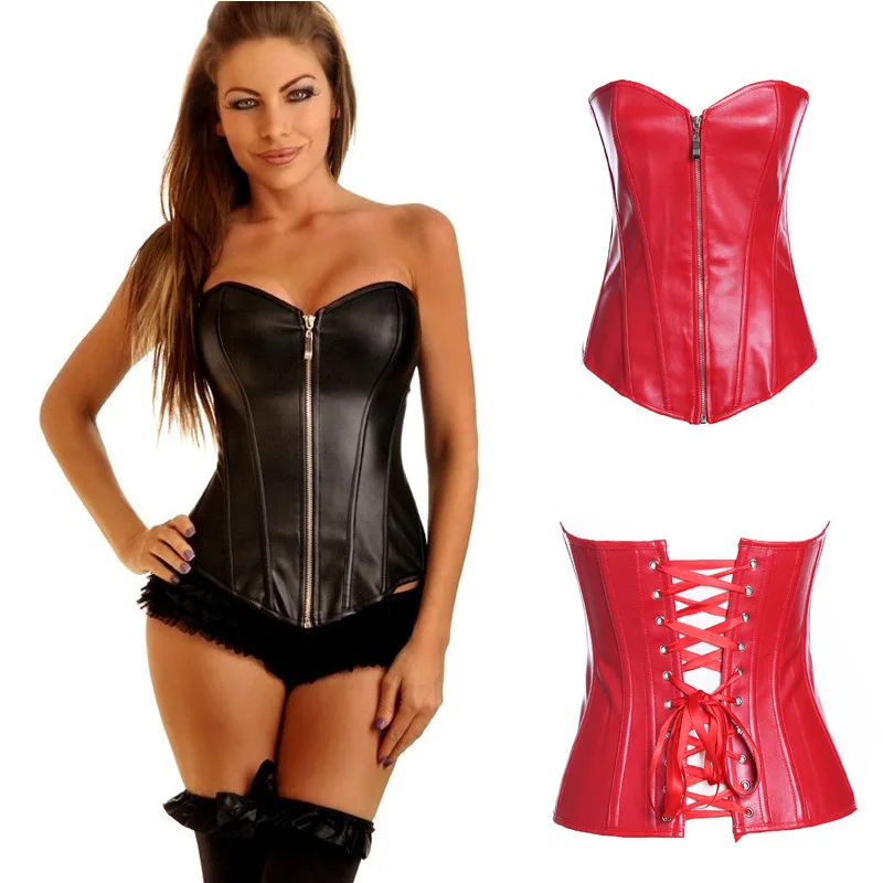 Black Plastic Bonded Faux Leather Overbust Burlesque Zipper Sexy Corset