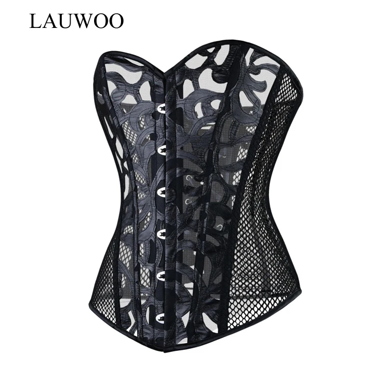 Lauwoo Sexy Mesh Bustie Elastic Net Hollow Out Flowers Design Overbust