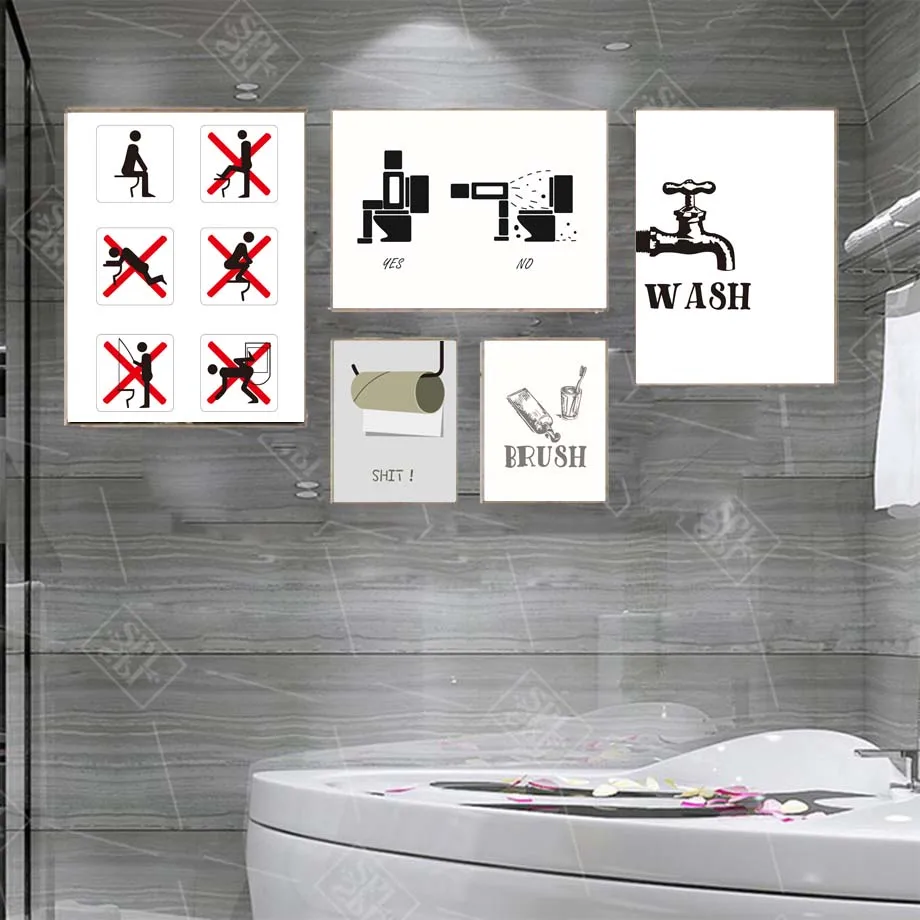 Toilet Note Poster Wash Hands Brush Teeth Canvas Painting For Bathroom ...