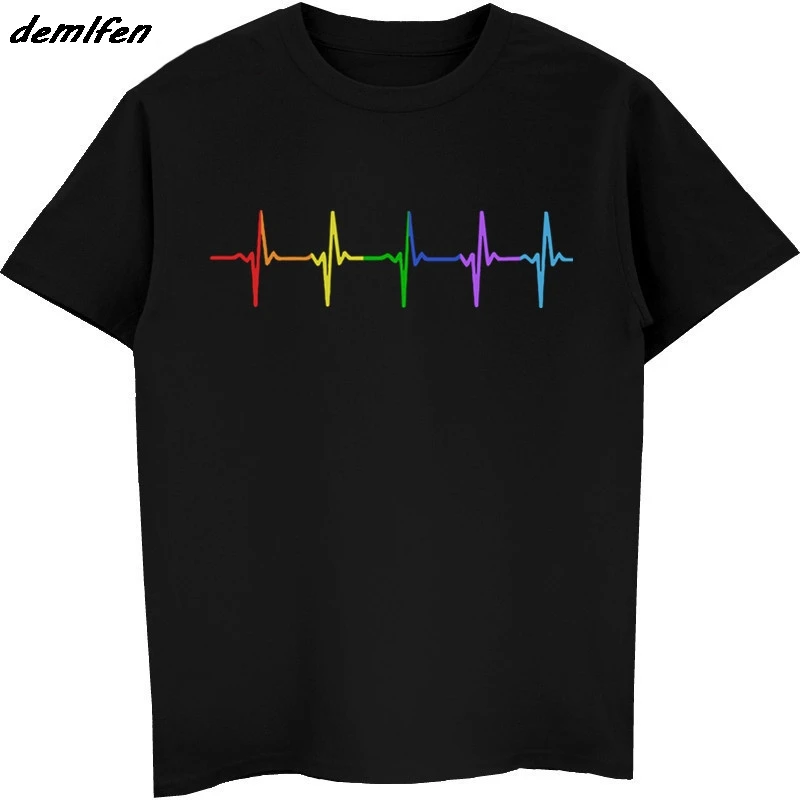 Mens Hot Sale Black T Shirt Rainbow Pulse Heartbeat T Shirt Lbgt Gay