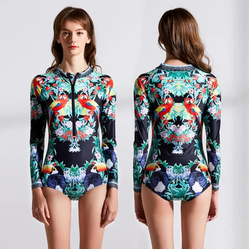 Women S Floral One Piece Rashguard Swimsuit Zip Front Surfing Long