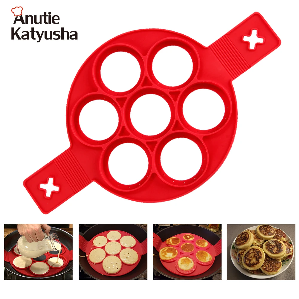 1pcs 팬케이크 메이커 Nonstick 실리콘 팬케이크 금형 7 구멍 팬케이크 주방 헬기에 대 한 일반 라운드 계란 프라이팬 양식 플립 쿠커계란 And 팬케이크 링