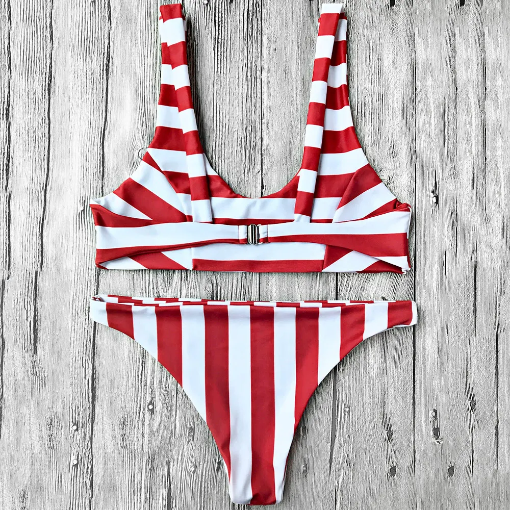 Zaful Striped Scoop Neck Low Waist Bikini Women Swimwear Summer Beach