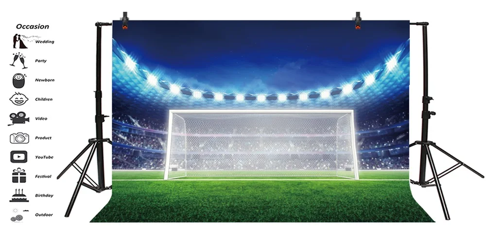 Laeacco Soccer Backgrounds Green Grass Football Goal Stadium Shiny ...