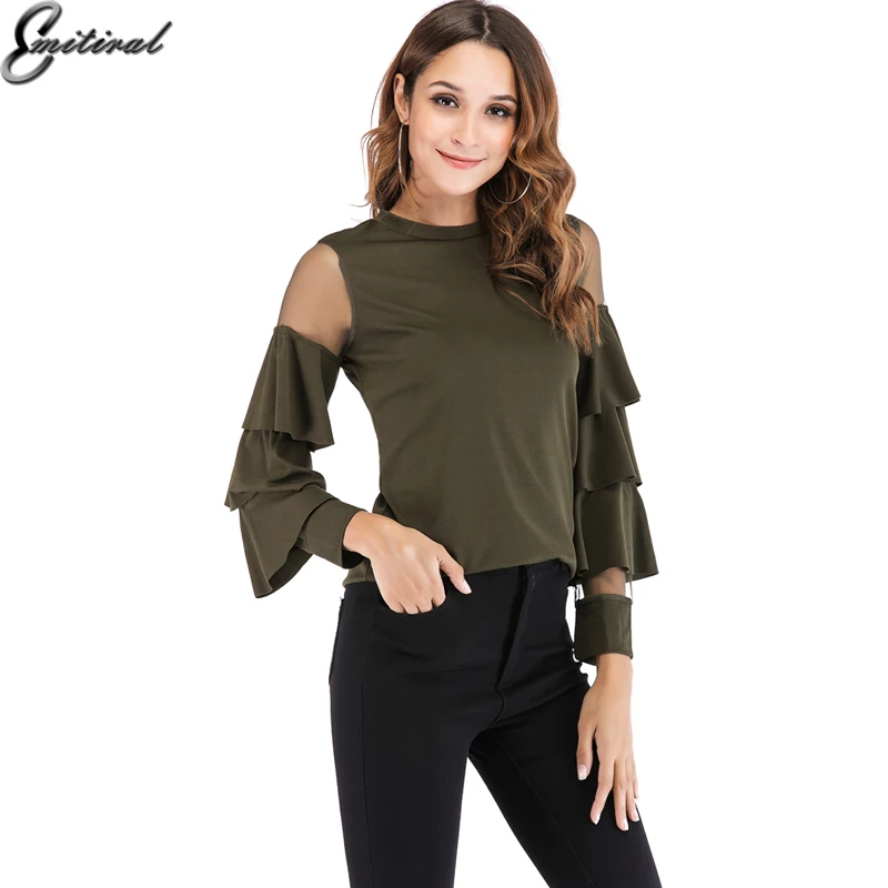 European Style 2018 Autumn Winter Women T shirts Tops Ruffles Flare ...
