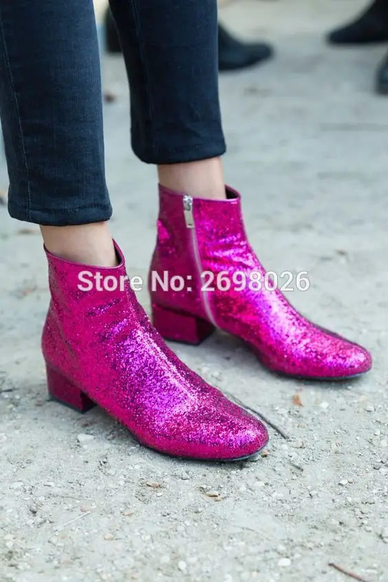 High Quality T stage Women Glitter Ankle Boots Square Heels Sparkly ...