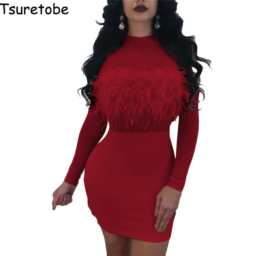 Tsuretobe Women Elegant Mini Dress Spring Winter Long Sleeve Feather Bodycon Pencil Dress Female