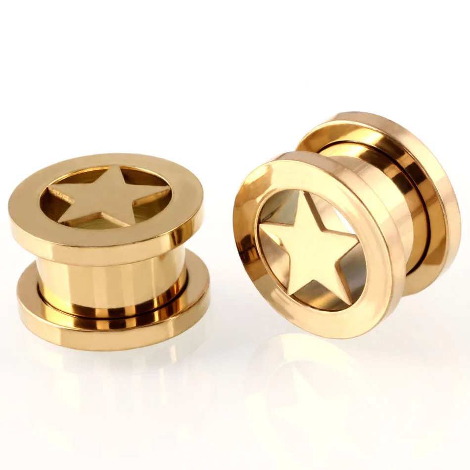 1Pair Stainless Steel Star Gold Silver Black Ear Tunnel Flesh Plugs ...