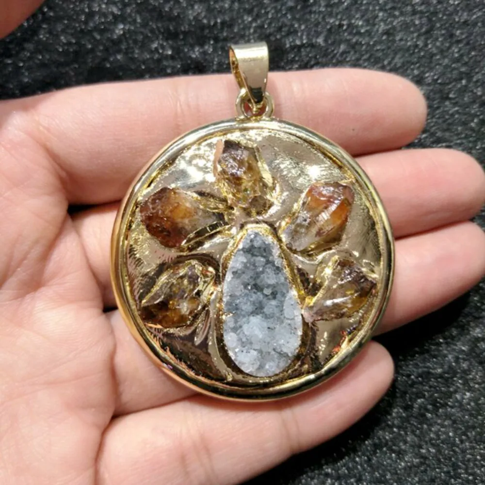 Big Round Gold Metal Pendant with Nature Stone Trendy Jewelry ...