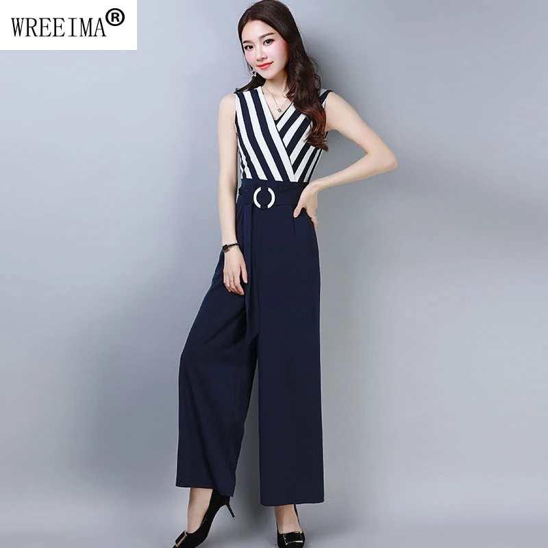 Summer Elegant Women V Neck Patchwork Striped Jumpsuit Fashion Chiffon