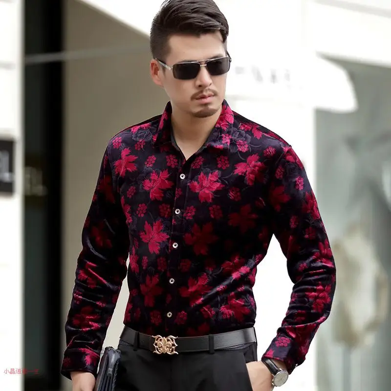 2017 Thick Flannel Shirts For Mens Red Flower Leaf Winter Dress Long ...