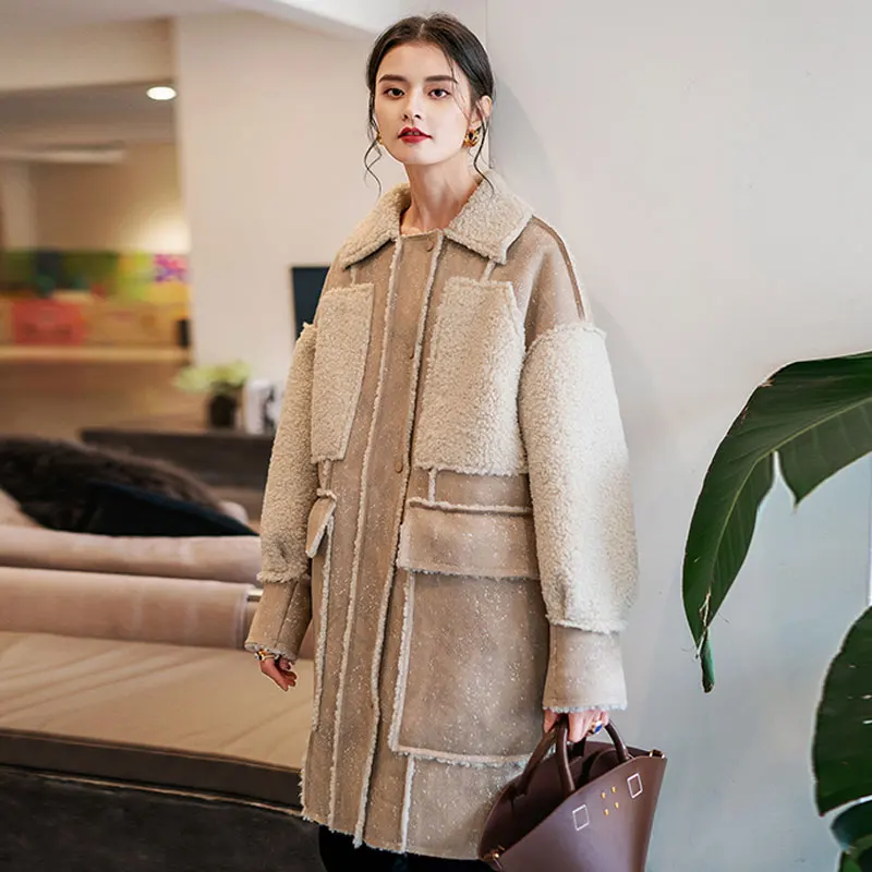 Plus size Lamb Fur Coat Women Long Winter Jacket 2019 Loose Suede Parka Stitching Woolen ...