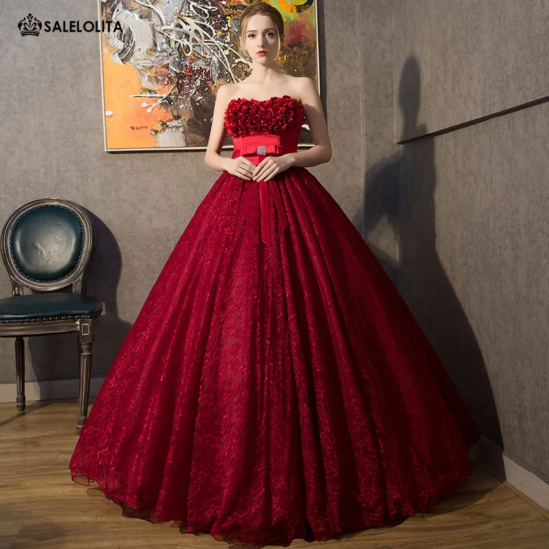 Top Quality Burgundy Lace Appliques Strapless Long Dresses Women Stage ...