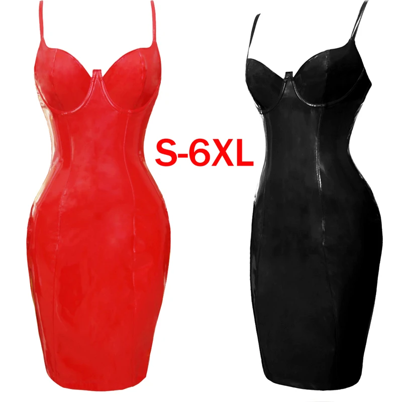 Fashion Women Bandage Dress Black Red Sexy Bodycon Pvc Leather Dresses