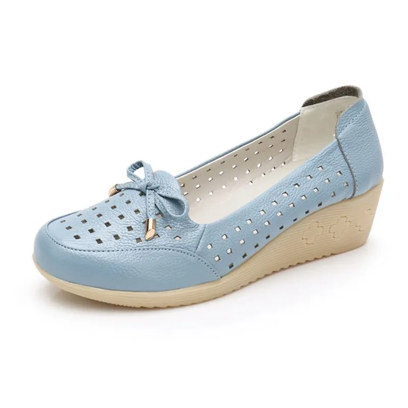 Nurse Shoe Slope Heel Shoes White Leather Hole Hole Round Head Shoes Hollow Breathable Mom Shoes