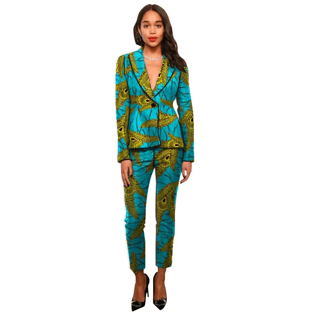 Elegant African Print Women Blazer And Trousers Sets Office Lady Design