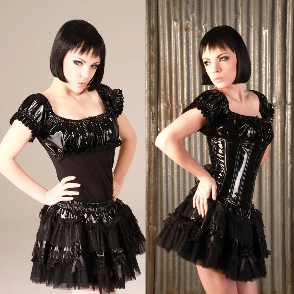 PU Leather Pleated Skirt Plus Size Tops + Skirt Black PVC Catsuit Women ...