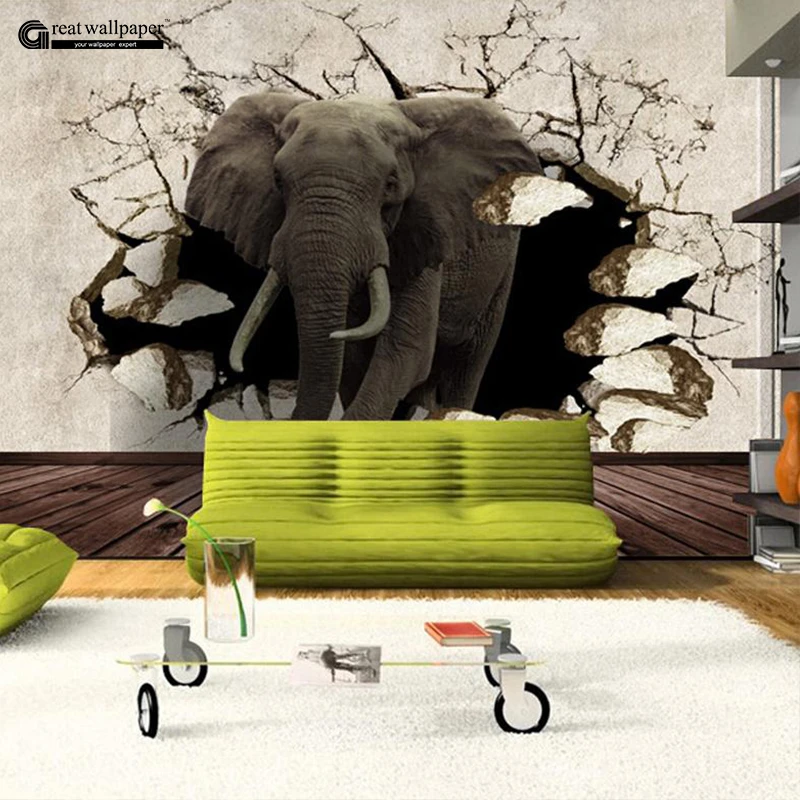 Grote muur 3d dier tv behang mural rhinoceros olifant 3d stereo grote ...