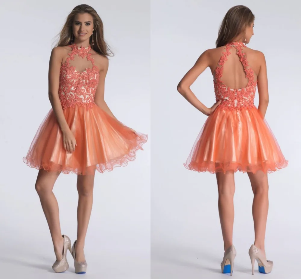 Orange 2015 High Neck Beaded Lae Short Prom Dresses Tulle Homecoming ...