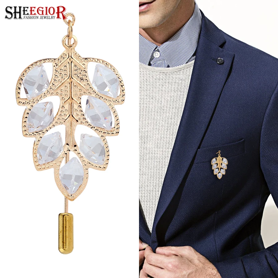 Sheegior Lovely Rhinestone Brooch Long Lapel Pins Mens Badge Gold