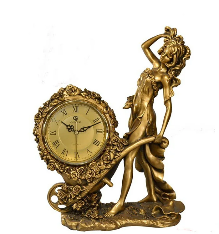 Vintage Sexy Lady And Flower Cart Figurine Table Clock Decorative Resin Silent Bracket Clock Art