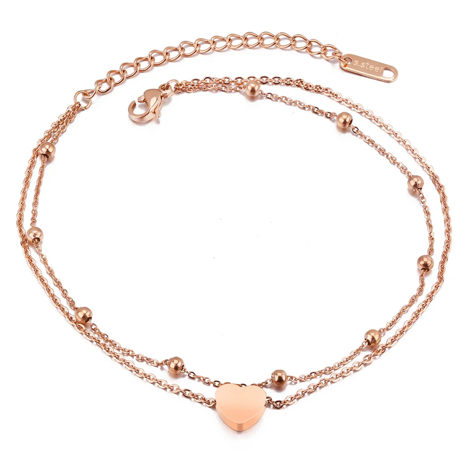Rose Gold Color Heart Anklet Bracelet Double Foot Chain Mini Balls ...