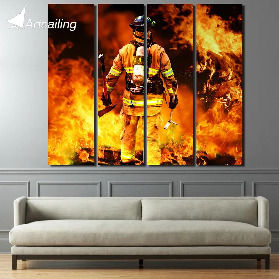 Aliexpress.com : Buy 4 piece canvas art Fireman Firefighter painting ...