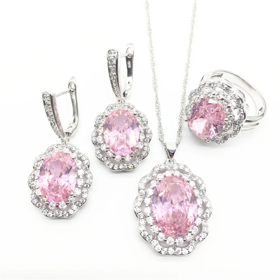 Pink Cubic Zirconia White Zircon 925 Sterling Silver Jewelry Sets For ...
