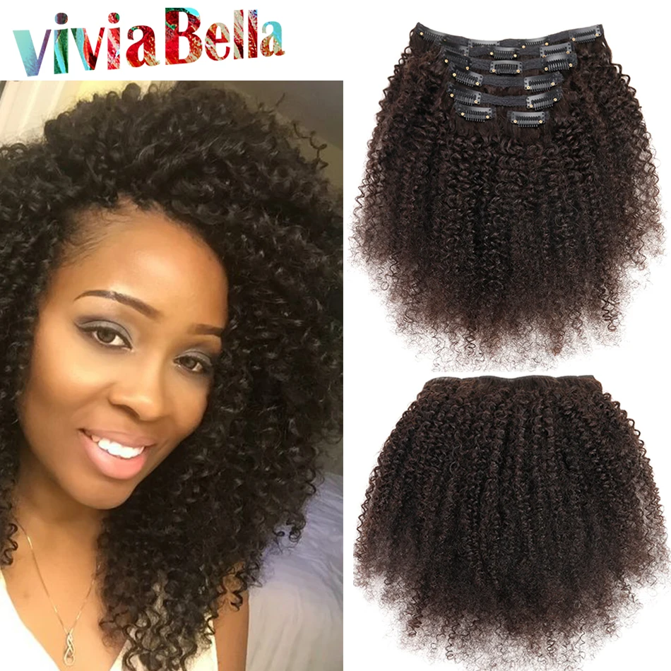 Afro Kinky Curly Clip In Human Hair Extensions Natural Color Full Head