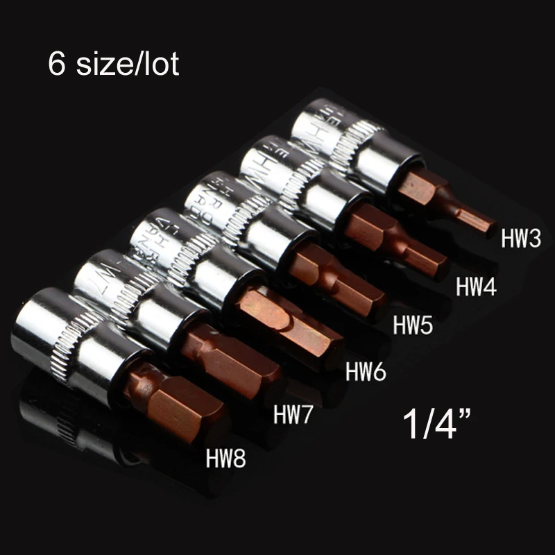 6pcs 1/4 Inch Drive Hex Bit Sockets Set HW3 HW4 HW5 HW6 HW7 HW8 Metric ...