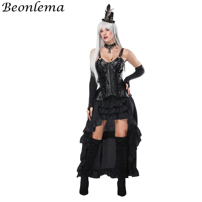 Beonlema Steampunk Gorset Dress Faux Leather Overbust Bustier Gothic ...