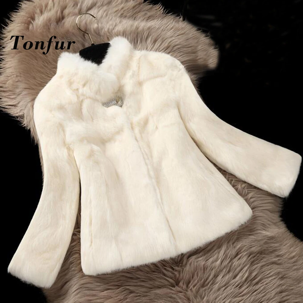 Genuine Natural Real Rabbit Fur Coat Women Fashion Medium-long Stand ...