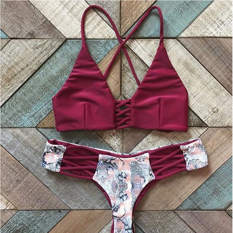 Redshark 2017 New Red Bandages Sexy Woman Siamese Retro Halter Bikinis