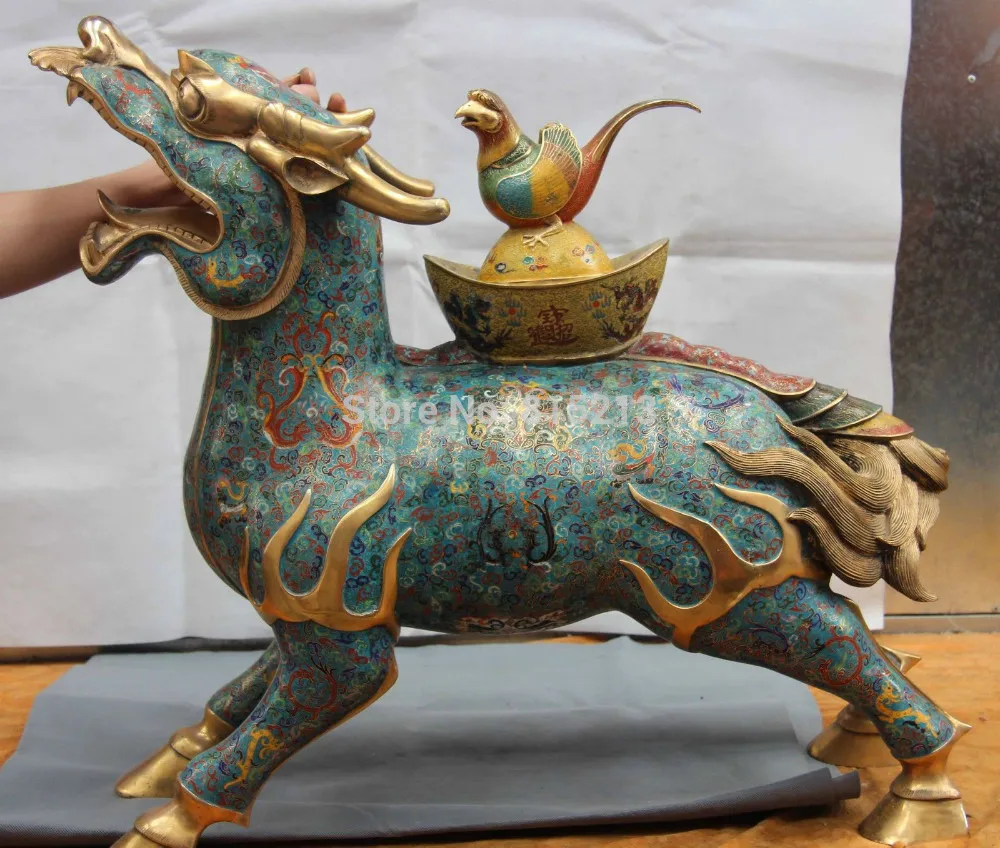 972 Old Pure Bronze Cloisonne Feng Shui Foo Dogs Lion kylin kirin Bird ...