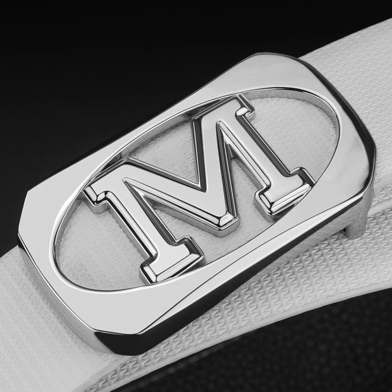 M brand luxury belt male youth fashion genuine leather white letter ...