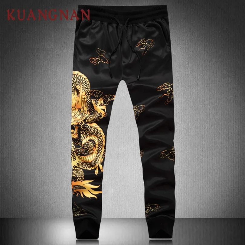 KUANGNAN Chinese Style Casual Pants Men Dragon Printed Harem Pants Men ...