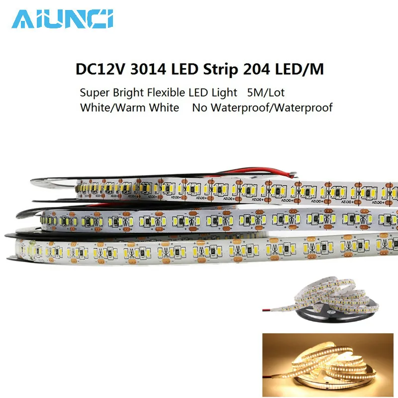 204 Leds/m SMD 3014 Led Strip High Brightness DC12V Waterproof White / Warm LED Light Tape 5m ...